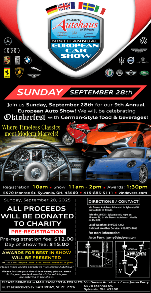 Join us for our 9th Annual European Autoshow - Sunday, Sept. 28th 2025